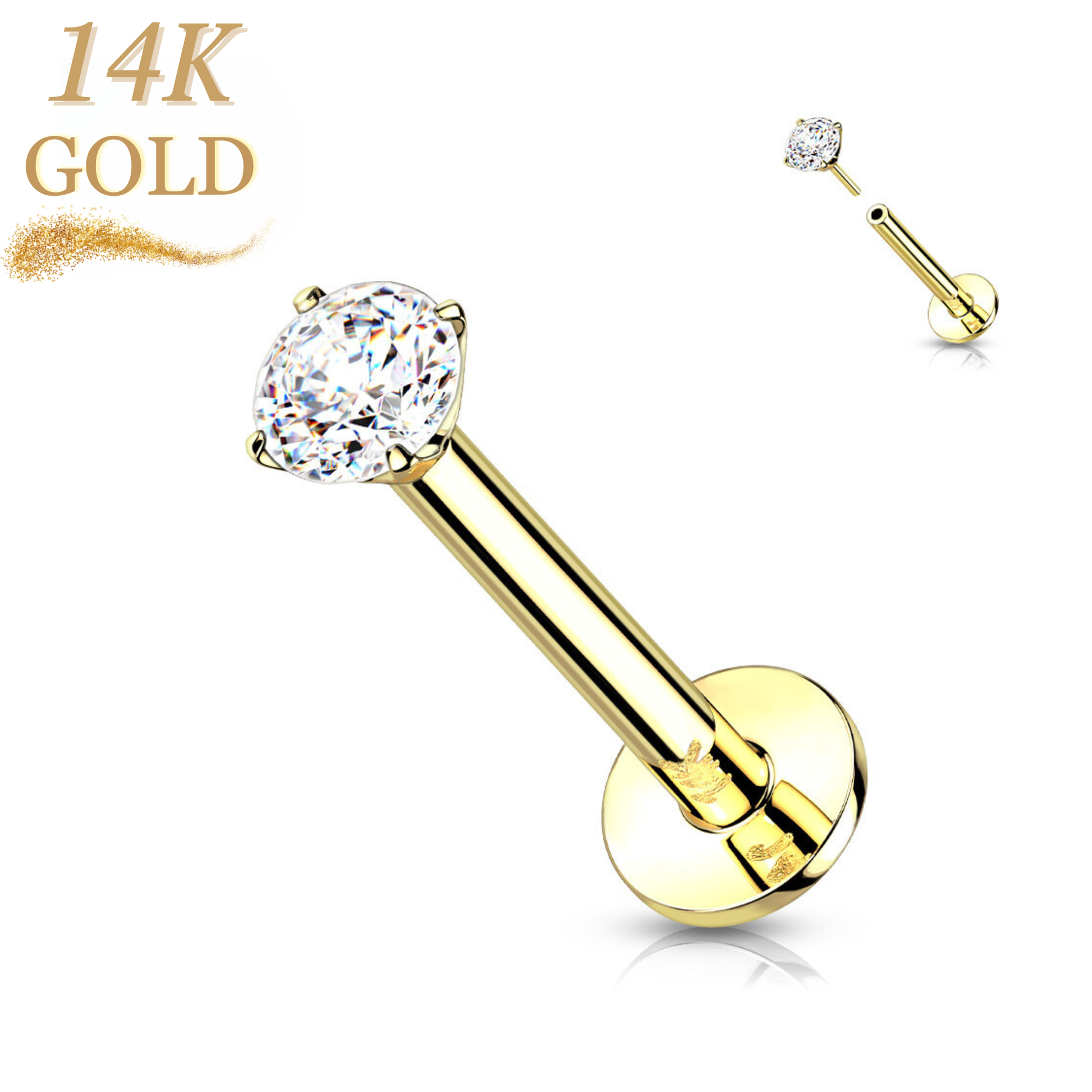 14K Gold Threadless Labret Combo with Prong CZ Top – Canadian Piercing ...